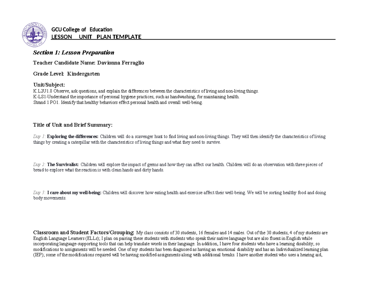 3-day unit plan template-2 - Section 1: Lesson Preparation Teacher ...