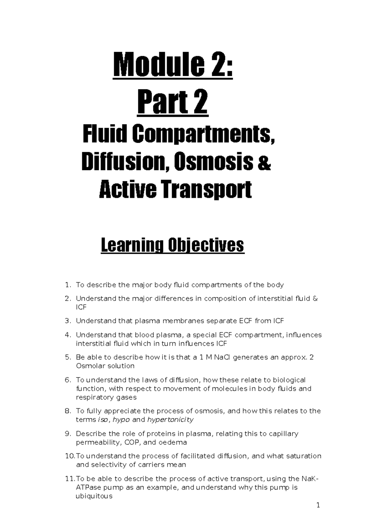 Module 2: Fluid Compartments, Diffusion, Osmosis & Active Transport Summary - Studocu
