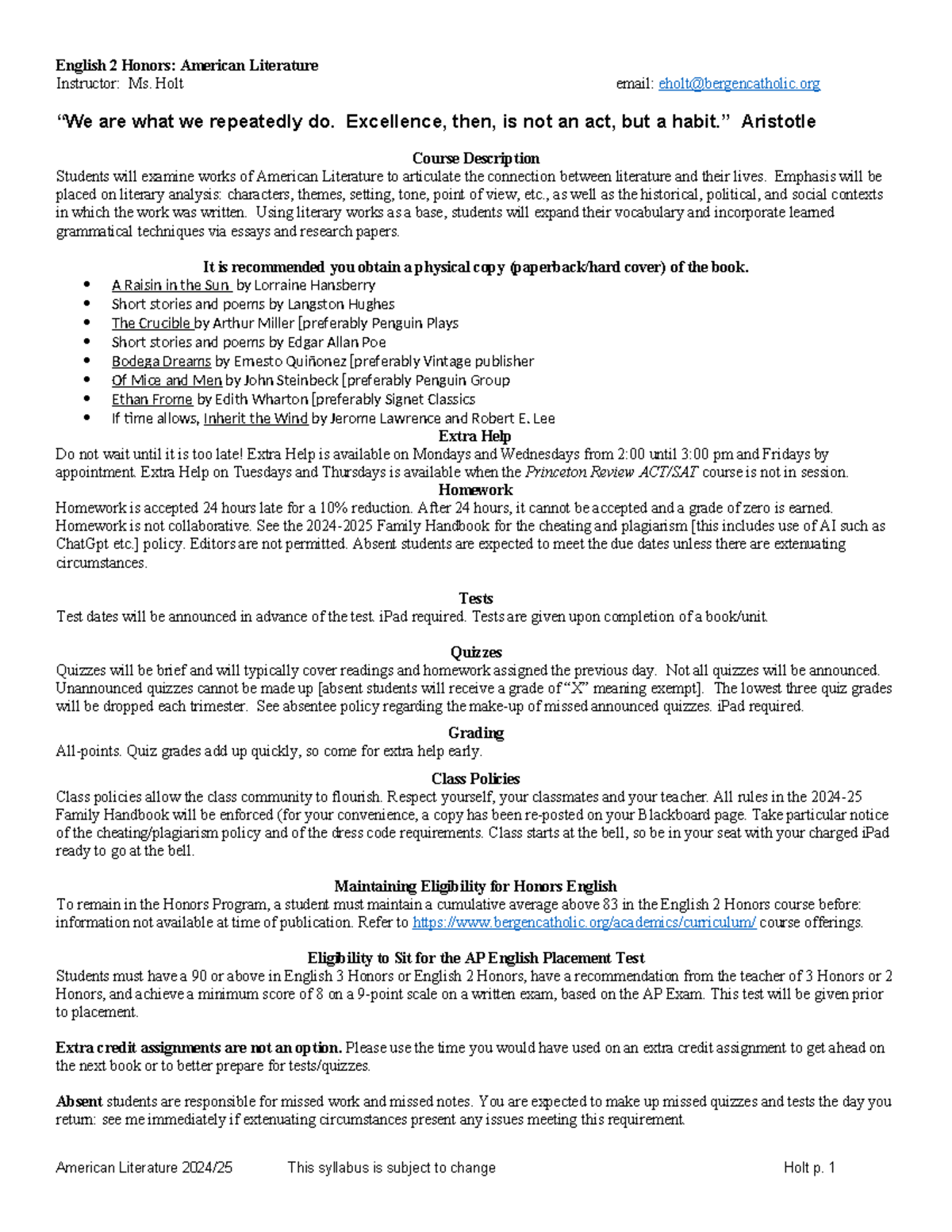 English 2 Honors: American literature syllabus 2024-25 - Studocu