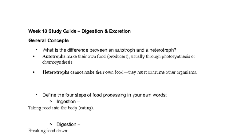 Digestion and Excretion Study Guide - Key Concepts (Week 13) - Studocu