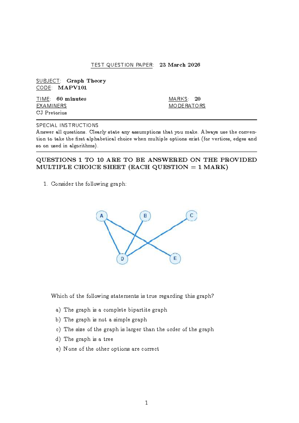 Graph Theory Test Paper: MAPV101 - 23 March 2026 - Studocu