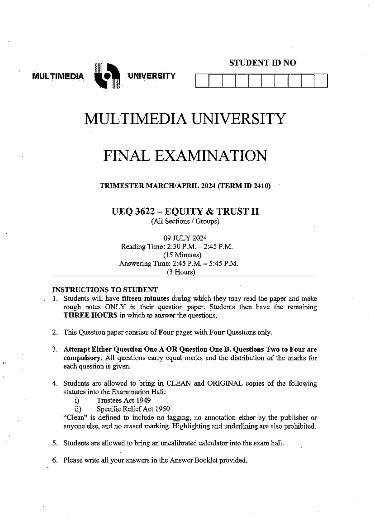 UEQ 3622 Equity trust II final examination questions for trimester 2024 ...