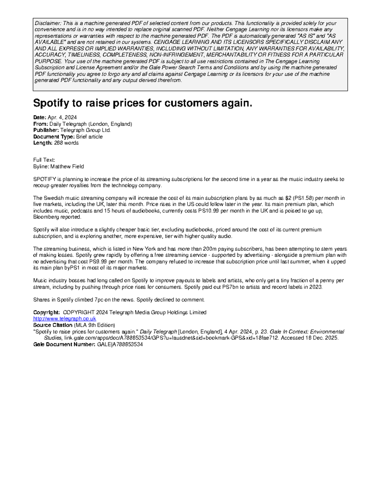 CENGAGE LEARNING: Spotify Price Increase Brief Article - Apr 2024 - Studocu