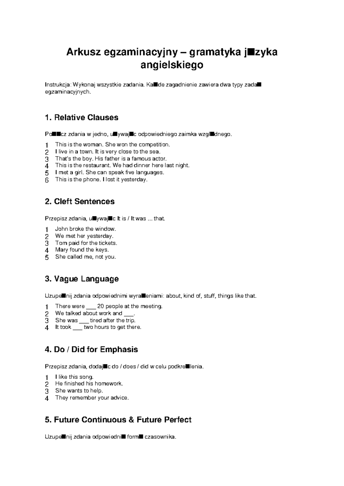 Arkusz egzaminacyjny: Gramatyka angielski - Relative Clauses & Cleft ...