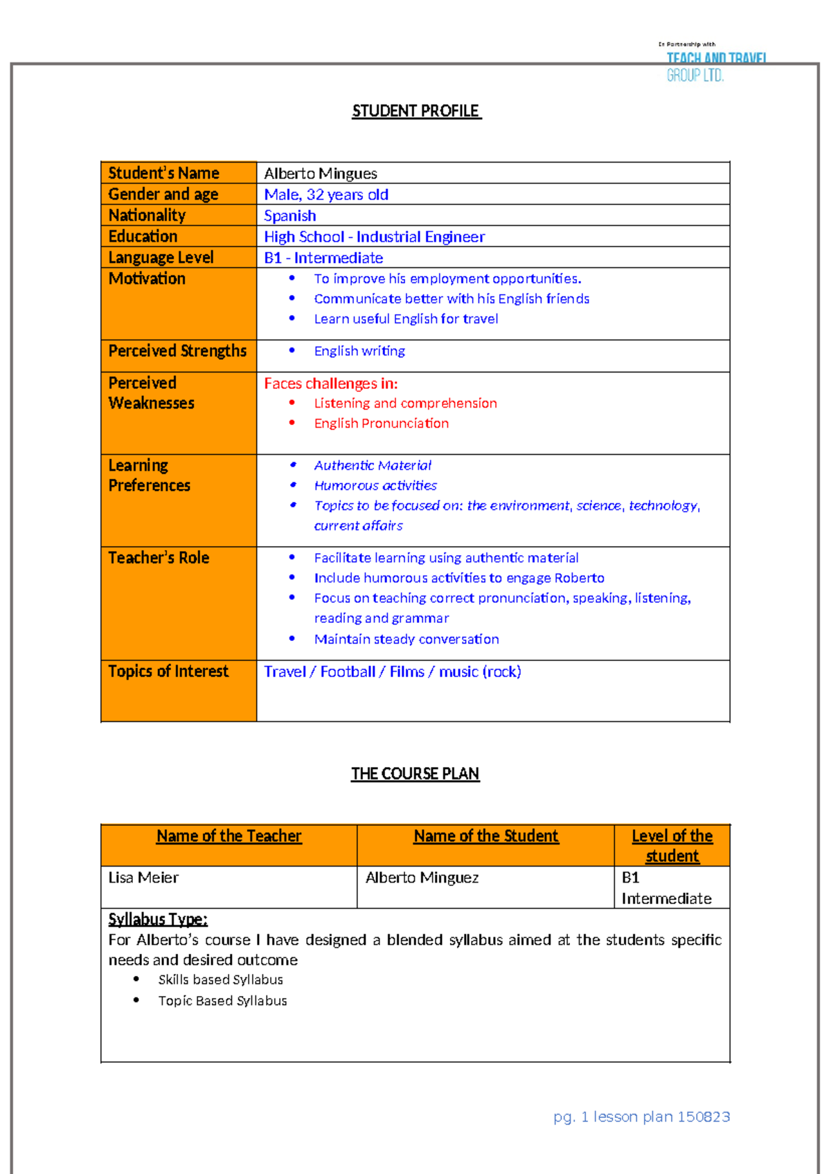 Assignment Plan 1 - i-to-i Lesson Plan for Intermediate Student Alberto ...