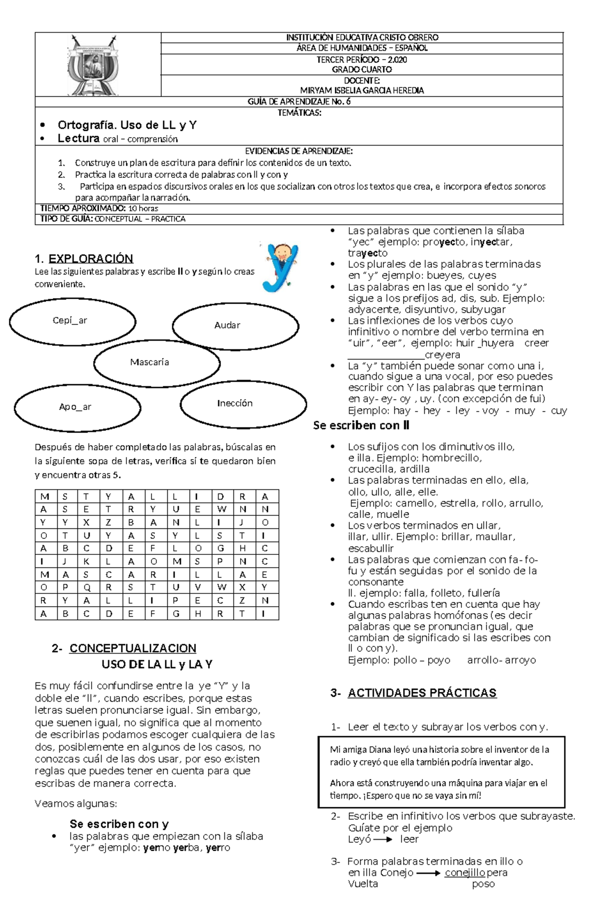 Guía de Aprendizaje No. 6: Ortografía y Uso de LL y Y - 4° Grado - Studocu