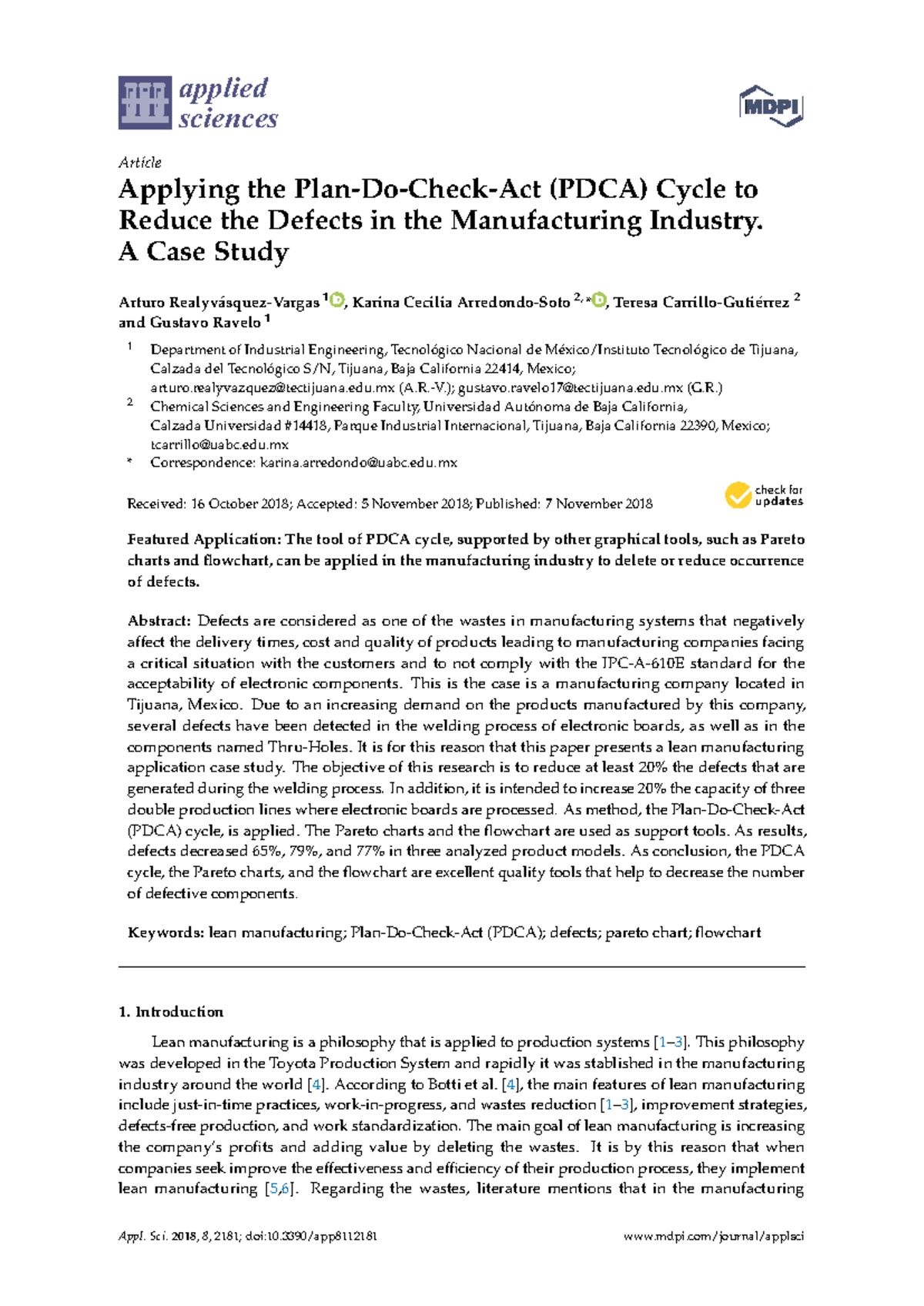 Applied Sciences Case Study: PDCA Cycle for Defect Reduction in ...