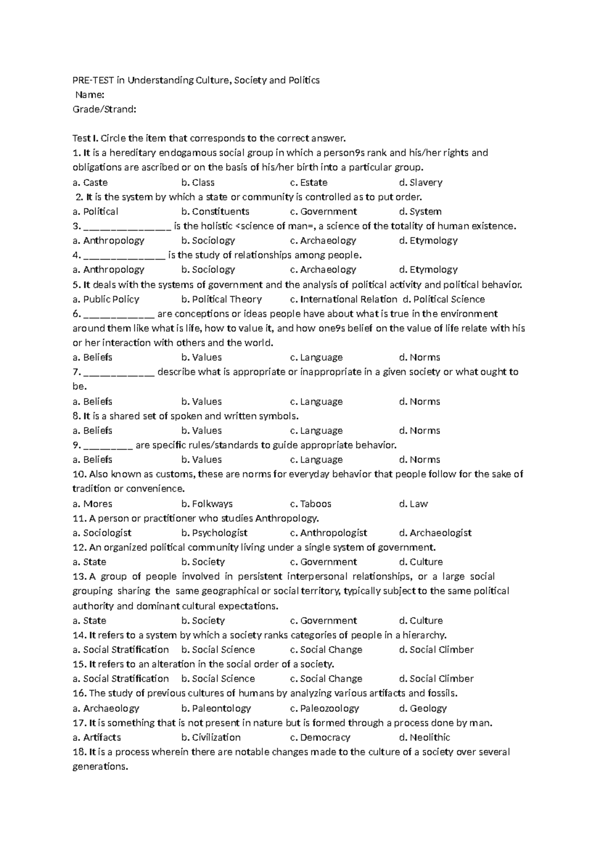 Pre-Test in UCSP: Understanding Culture, Society and Politics Exam ...