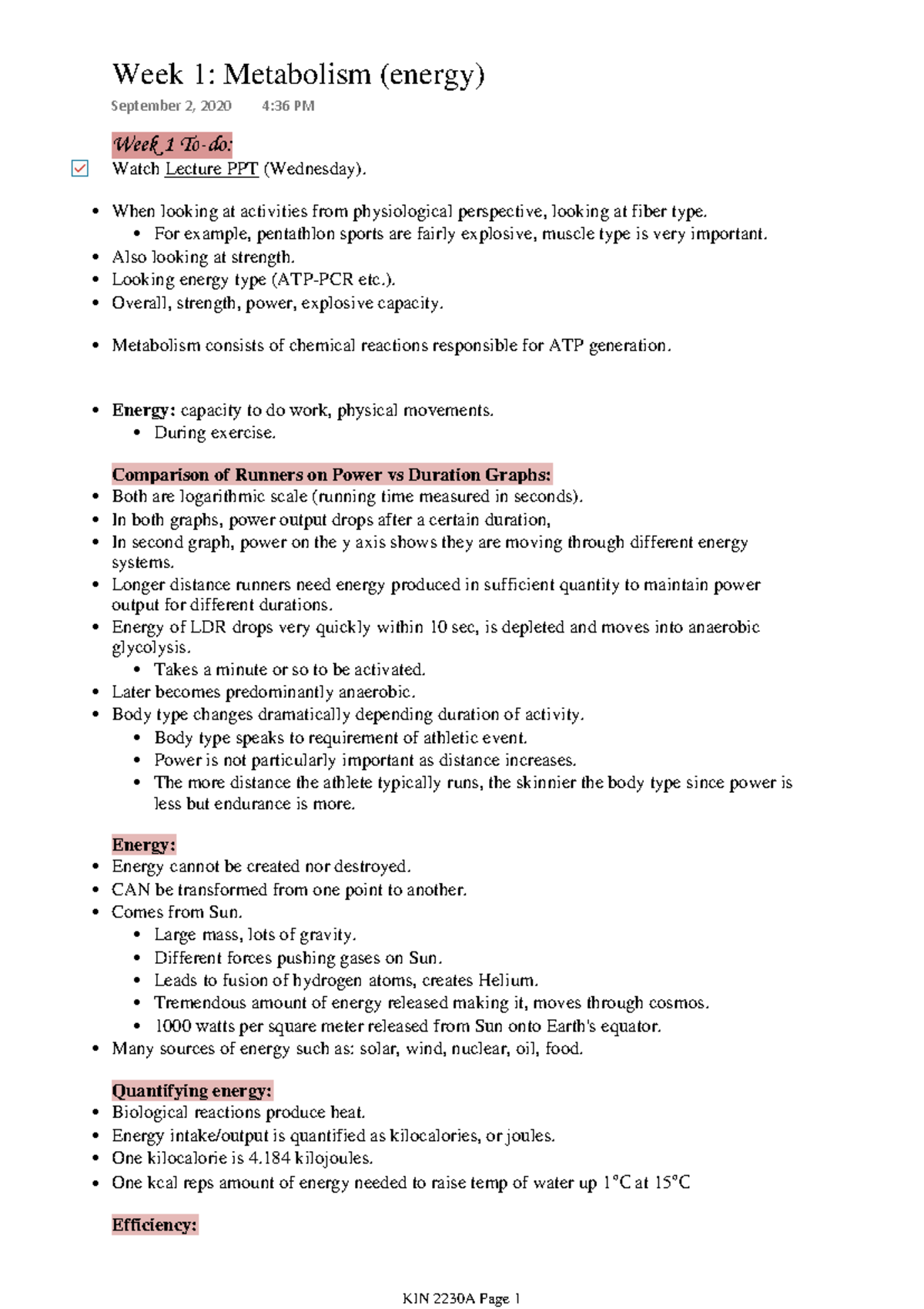KIN 2230A Week 1-3: Metabolism Overview and Energy Systems Analysis ...