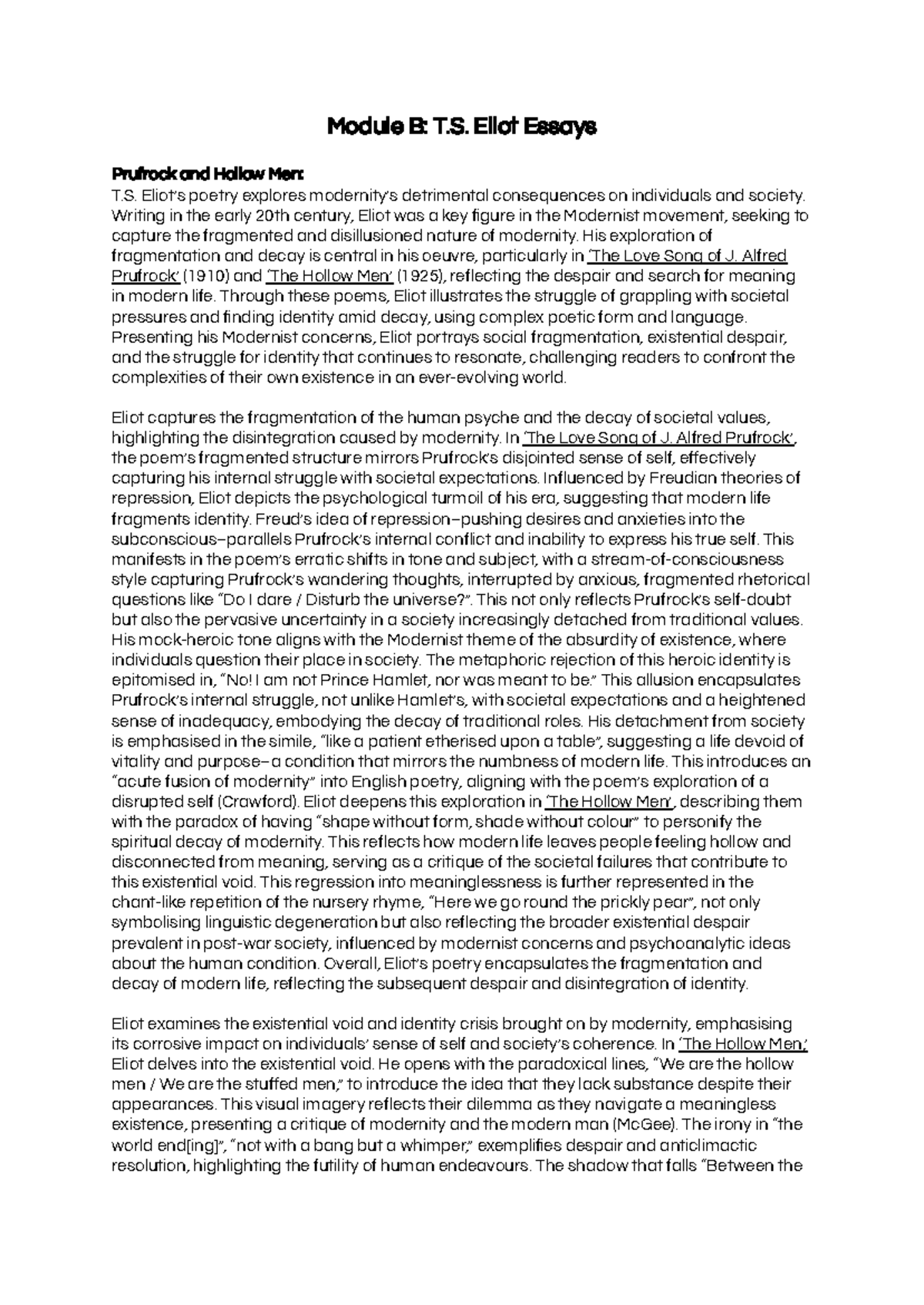 HSC Eliot Essays - Module B: T. Eliot Essays Prufrock and Hollow Men: T ...