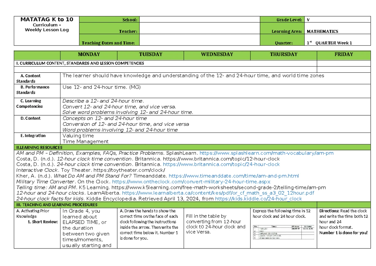 W8 Q1 MATH1 Matatag Weekly Lesson Log on Addition Concepts - Studocu