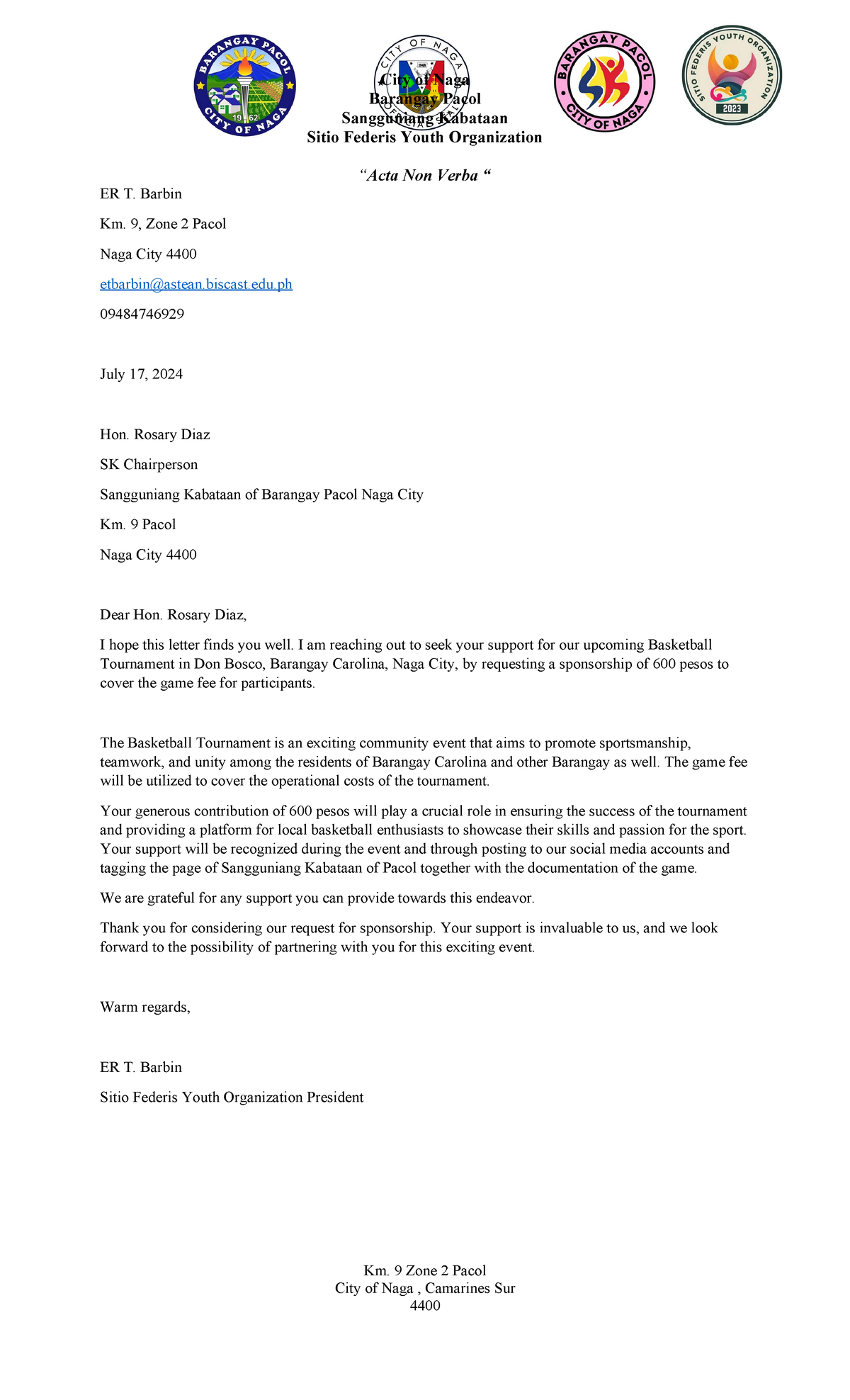 Solicitation Letter - N/A - City of Naga Barangay Pacol Sangguniang ...
