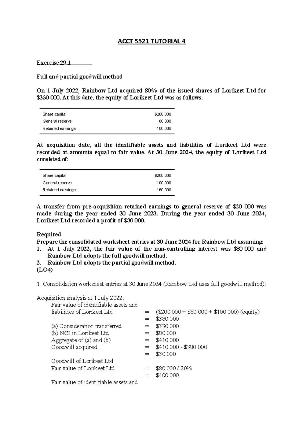 ACCT 5521 Tutorial 4: Full & Partial Goodwill Method Solutions - Studocu