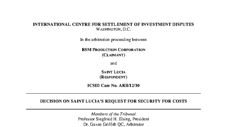 ICSID Case No. RSM Production Corp. v. Saint Lucia: Decision on ...