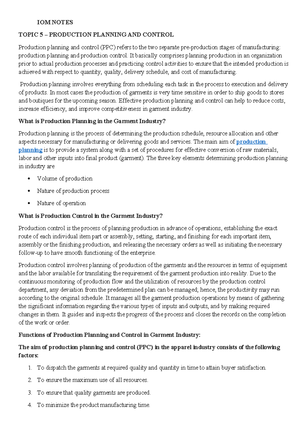 IOM NOTES: Topic 5 - Production Planning & Control in Garment Industry ...