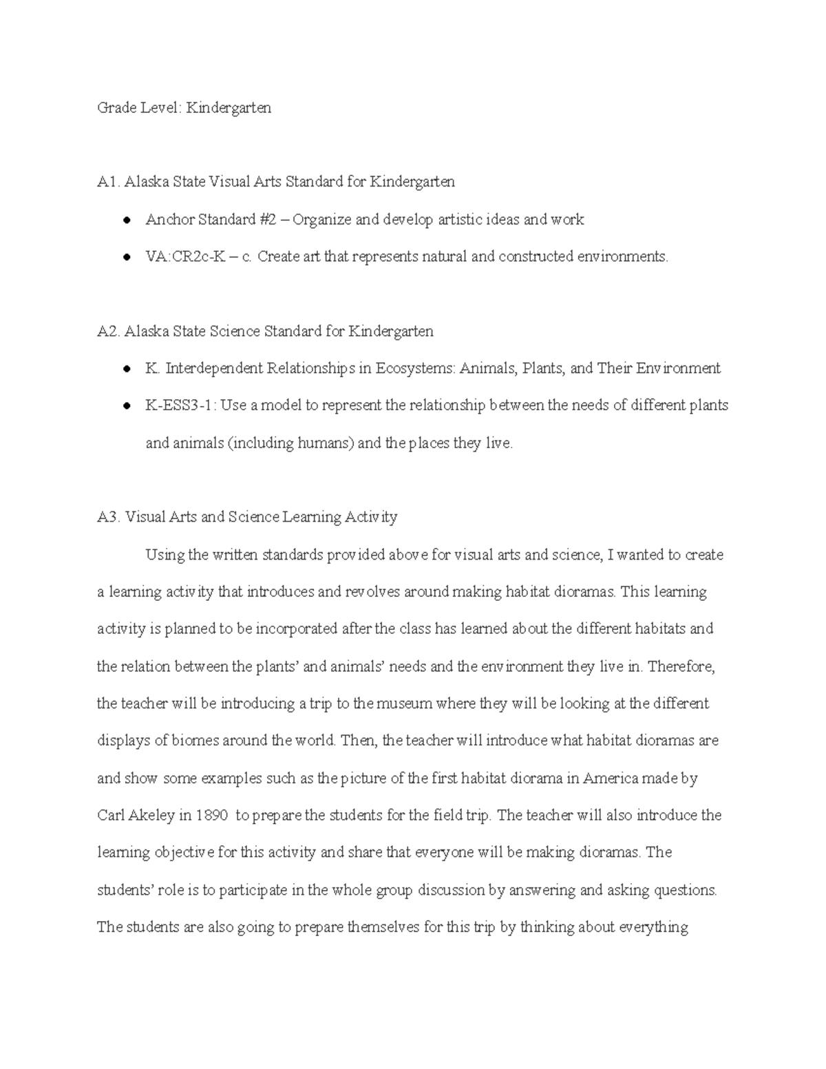 Arts Integration Lesson Plan for Kindergarten - AK Standards - Studocu