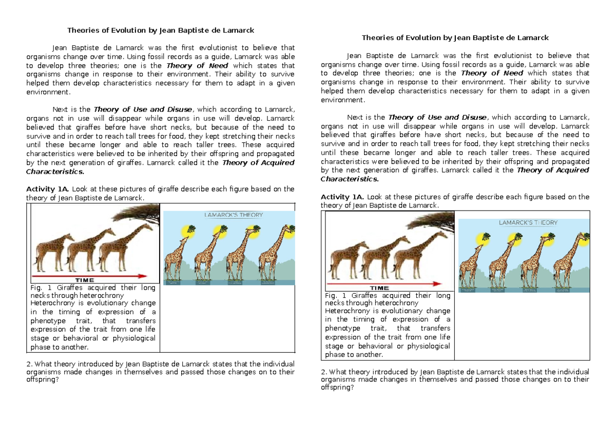Theories of Evolution: Lamarck's Concepts and Environmental Impact ...