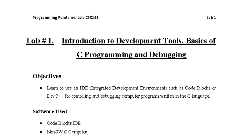 Programming Fundamentals CSC103 Lab 1: Development Tools & Debugging ...