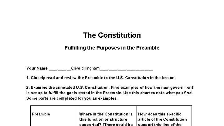 US GOV 1.05 Assignment 2: Analyzing the Preamble of the Constitution ...