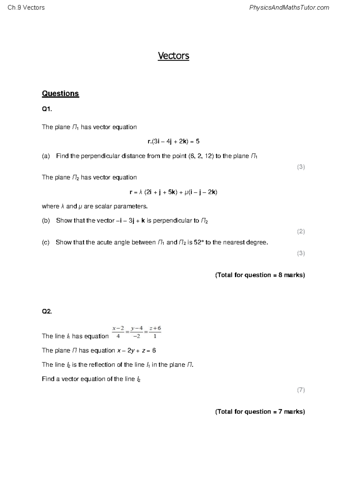 Ch. 9 Vectors - Plane Equations and Distance Problems - Studocu