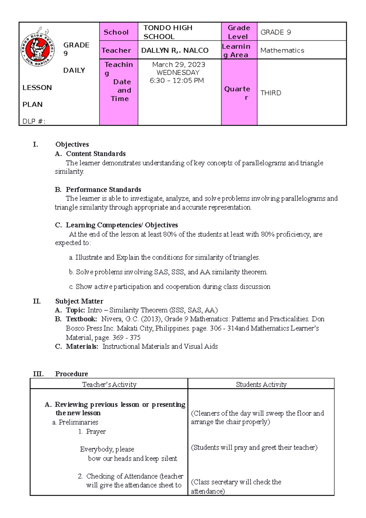 Detailed-DLP-Mar - GRADE 9 DAILY LESSON PLAN DLP #: ___________ School ...