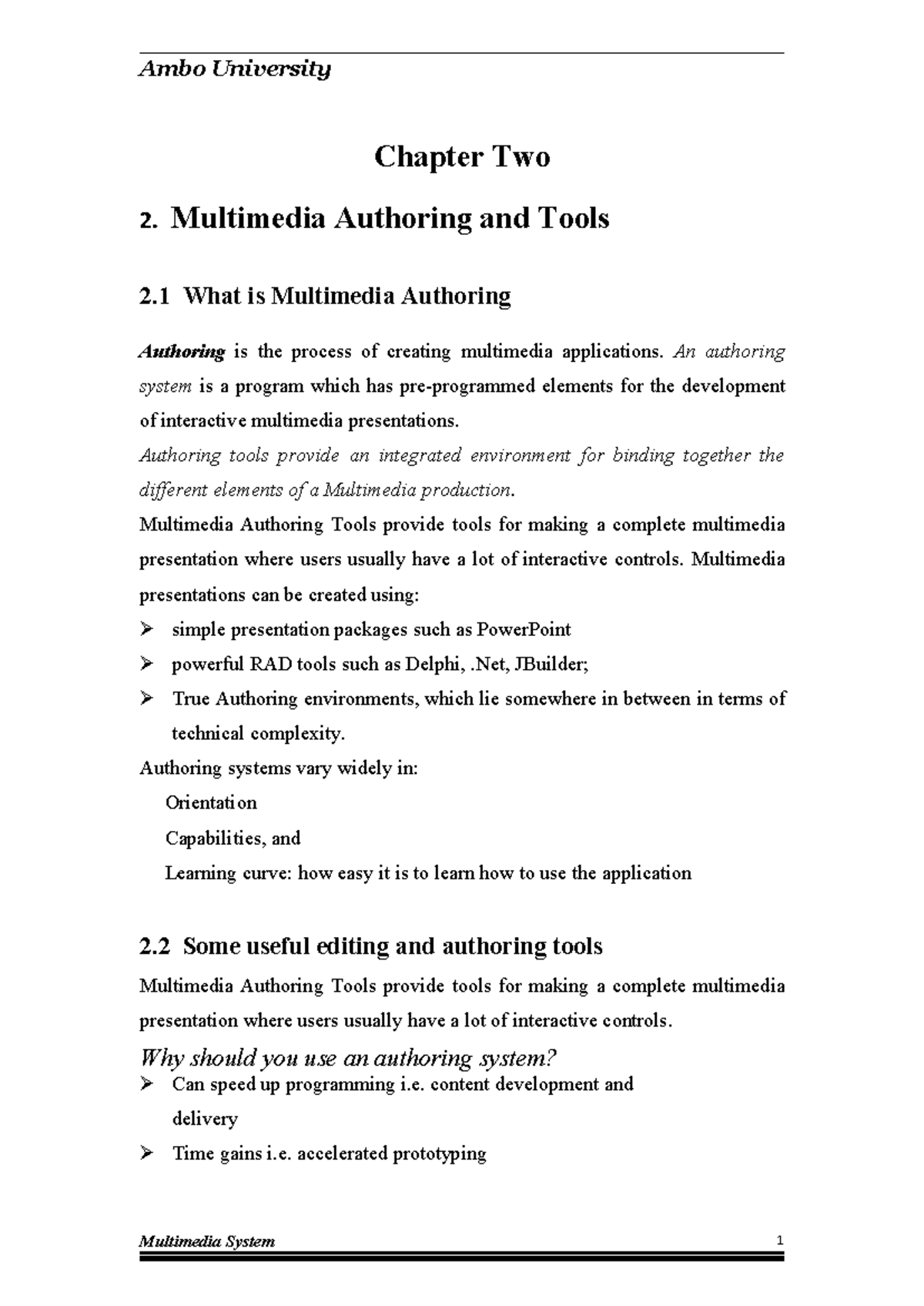 Ambo University Multimedia Systems Chapter 2: Authoring Tools Overview ...