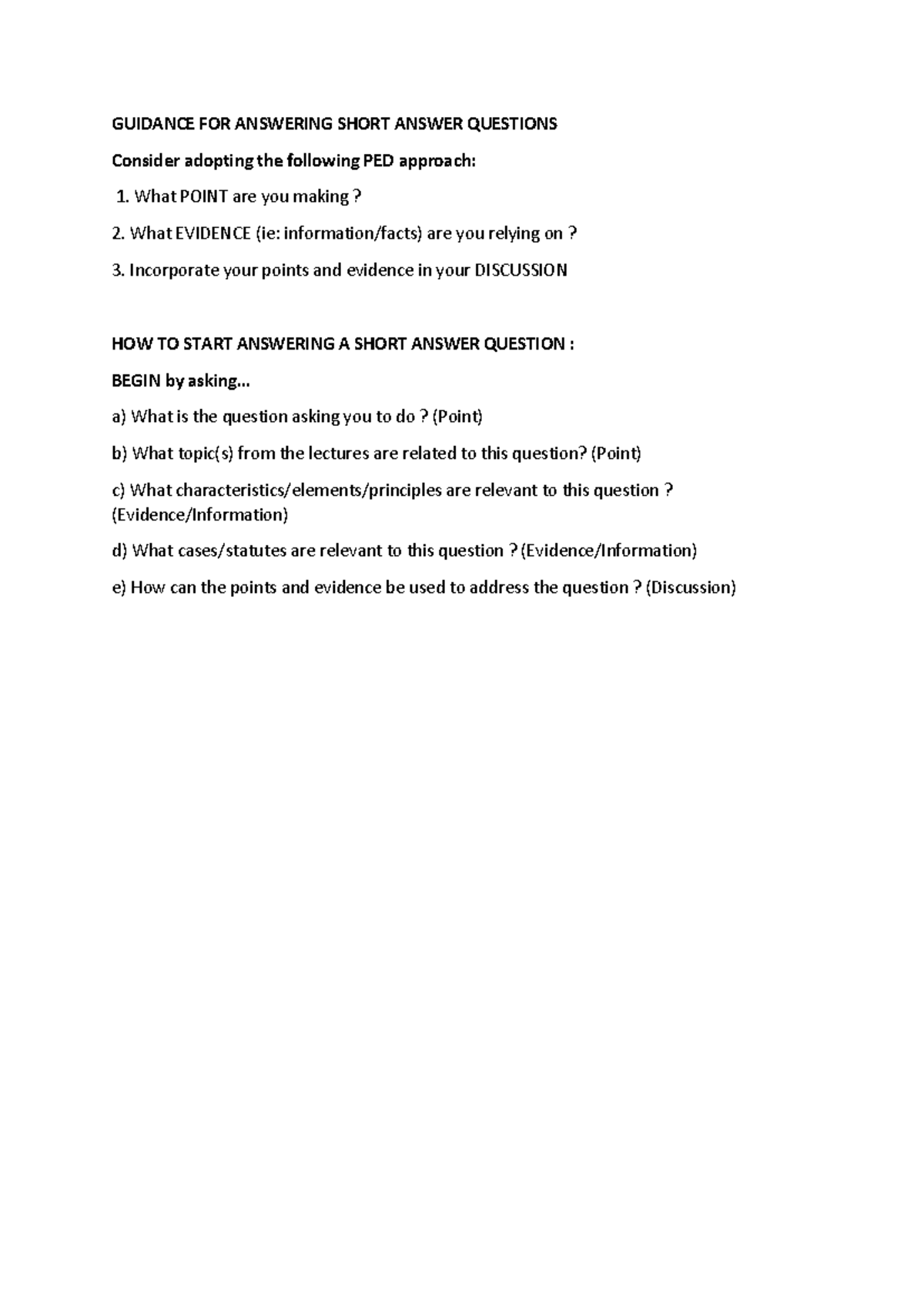GUIDANCE FOR ANSWERING SHORT ANSWER QUESTIONS: PED Approach - Studocu