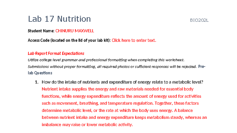 BIO202L Lab 17: Nutrition and Biomolecules Experiment Report - Studocu