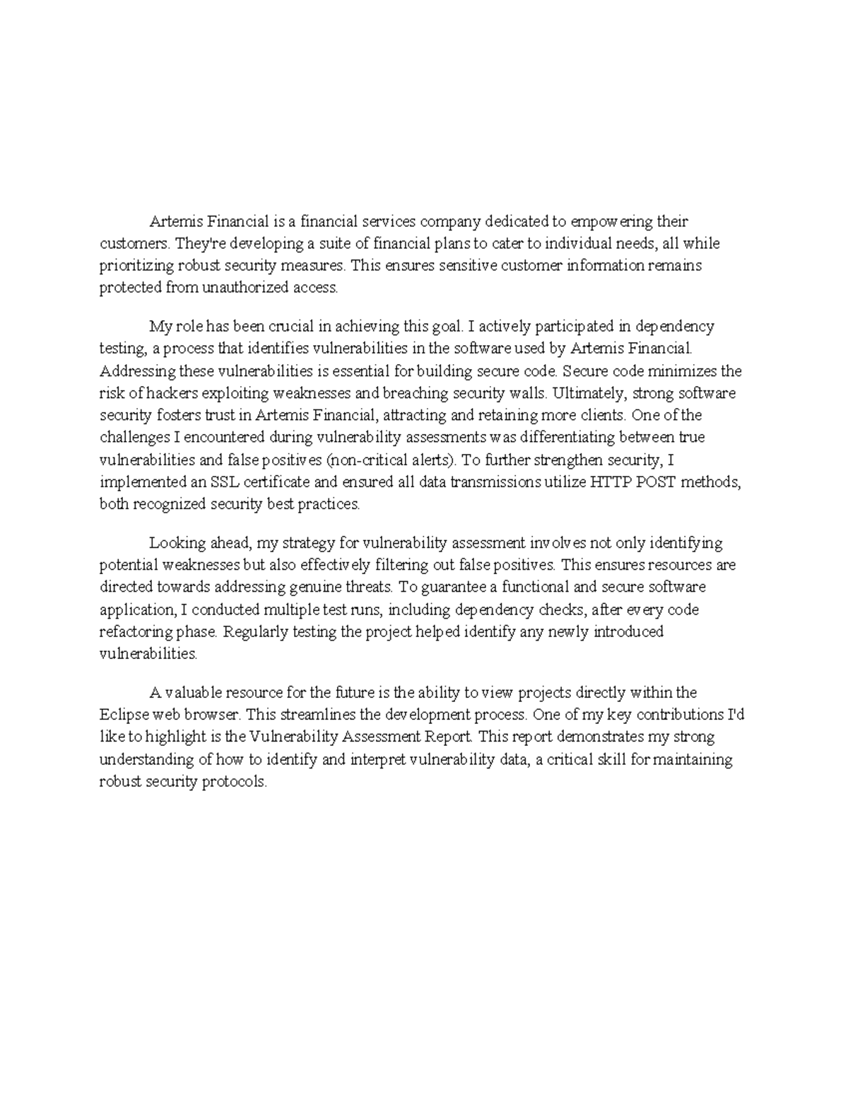 CS 305 8-1 Journal: Enhancing Software Security at Artemis Financial ...