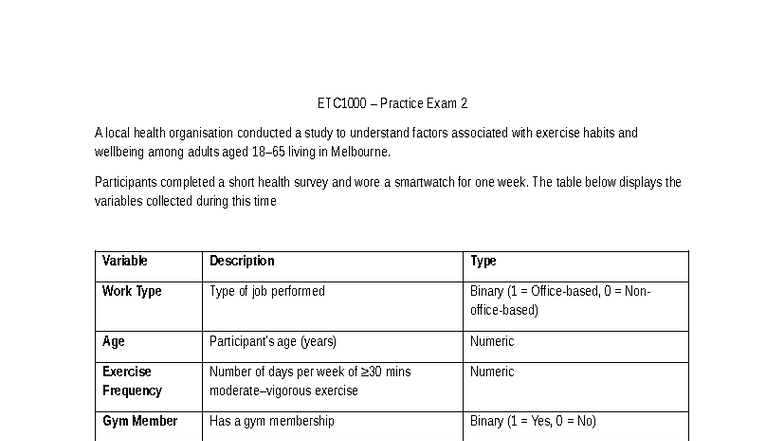 Practice Exam 2 - Exercise Habits & Wellbeing Study Analysis - Studocu