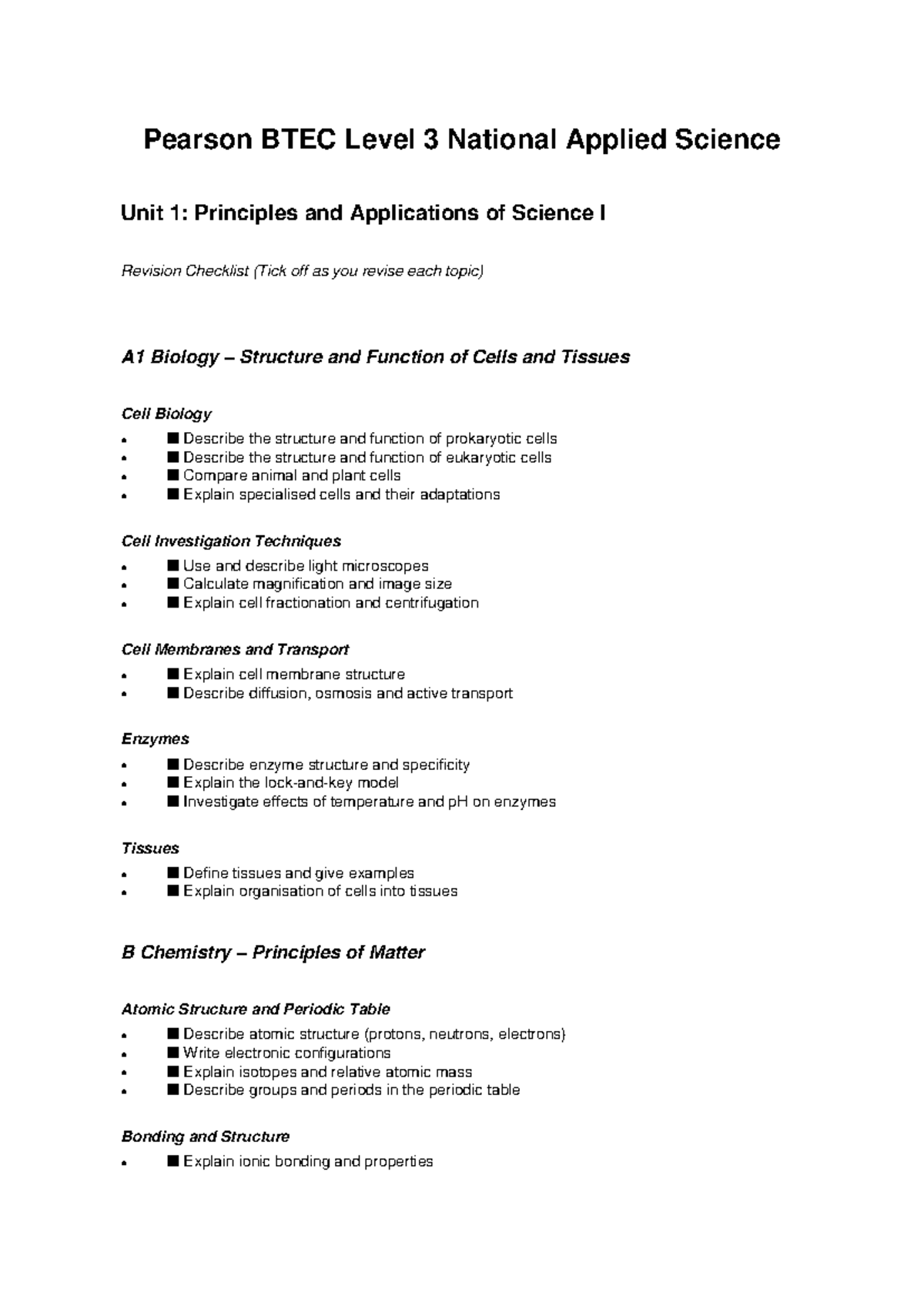 BTEC Level 3 Applied Science Unit 1 Revision Checklist - Studocu