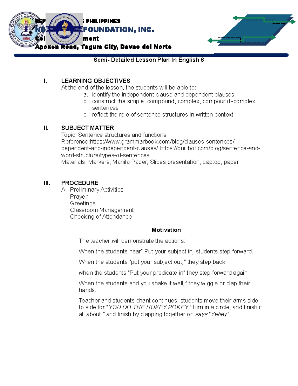 Detailed Lesson Plan for English 8: Sentence Structures - Studocu