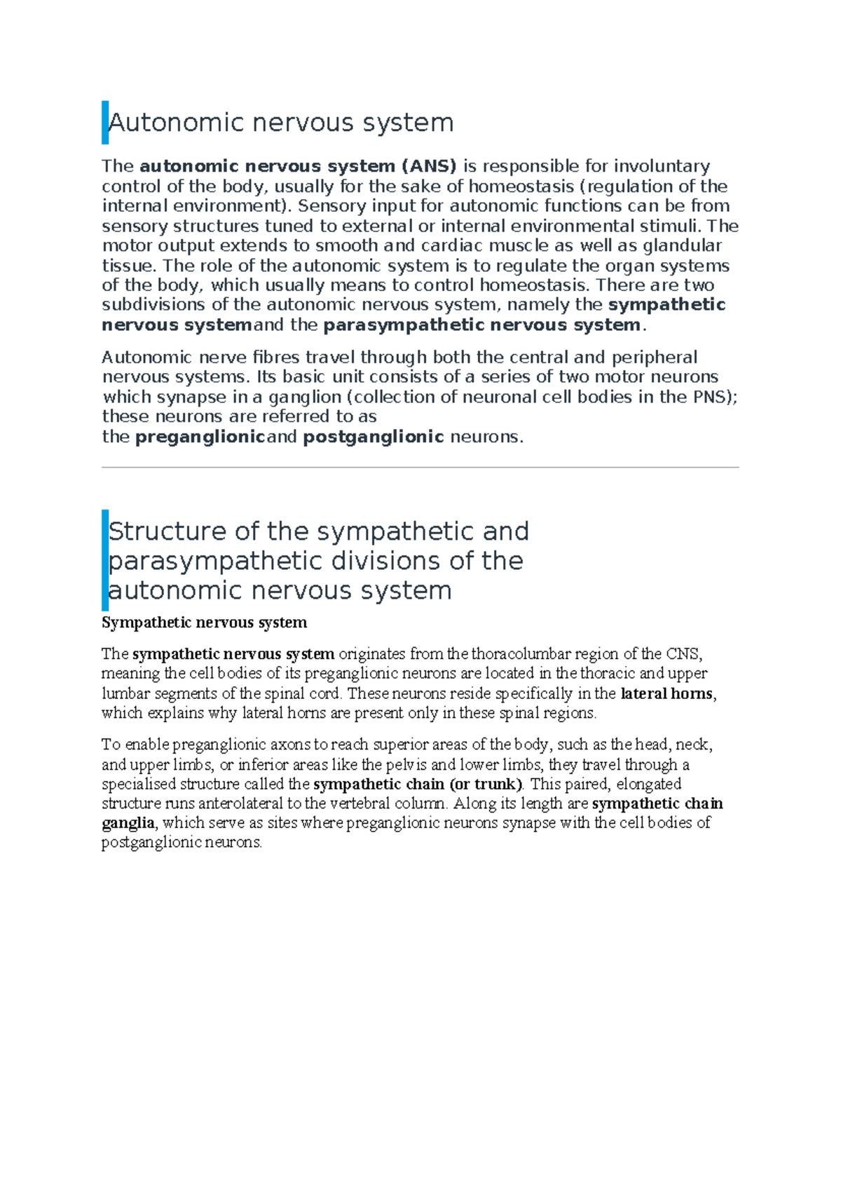 Autonomic Nervous System Overview - Module 3 Notes - Studocu