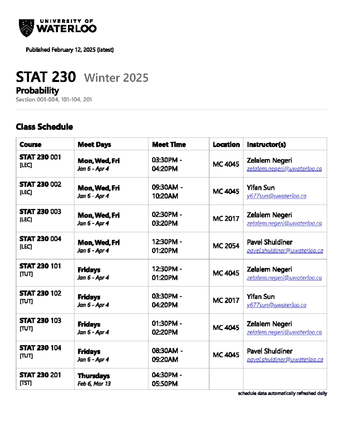 STAT 230 Winter 2025 Course Schedule and Important Information - Studocu