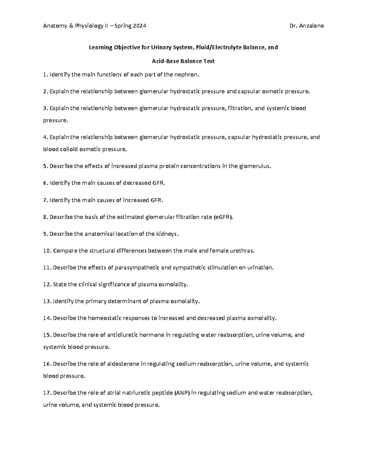 Anatomy Physiology II (Spring 2024) - Urinary System Learning ...