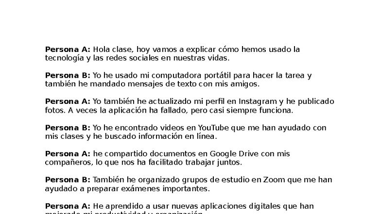 Espanol con Noah: Uso de Tecnología y Redes Sociales en la Vida - Studocu