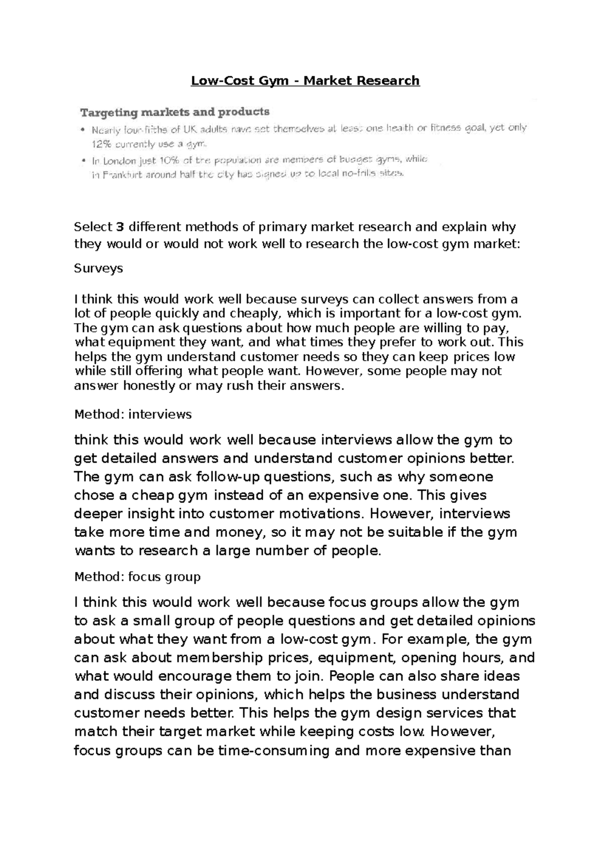Gym Market Research Methods: Surveys, Interviews & Focus Groups - Studocu