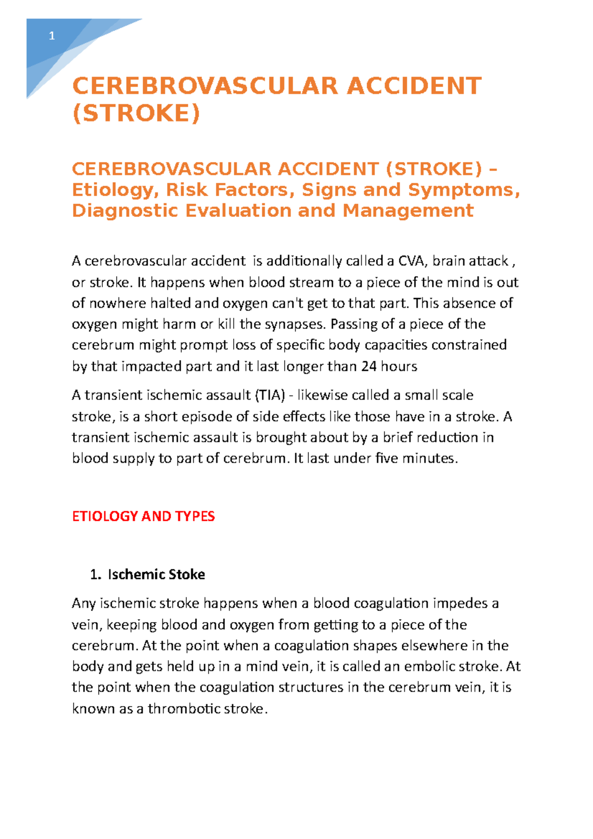 CVA (Stroke) Overview: Etiology, Symptoms, Diagnosis & Management - Studocu