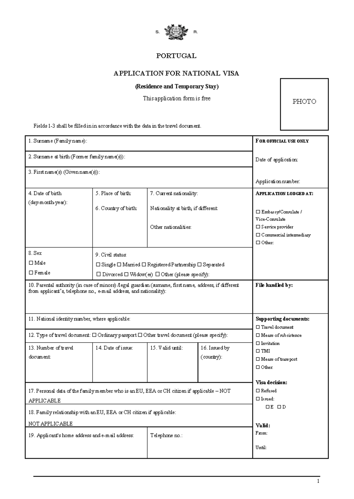 Formulario visto nacional en - 1 PORTUGAL APPLICATION FOR NATIONAL VISA ...