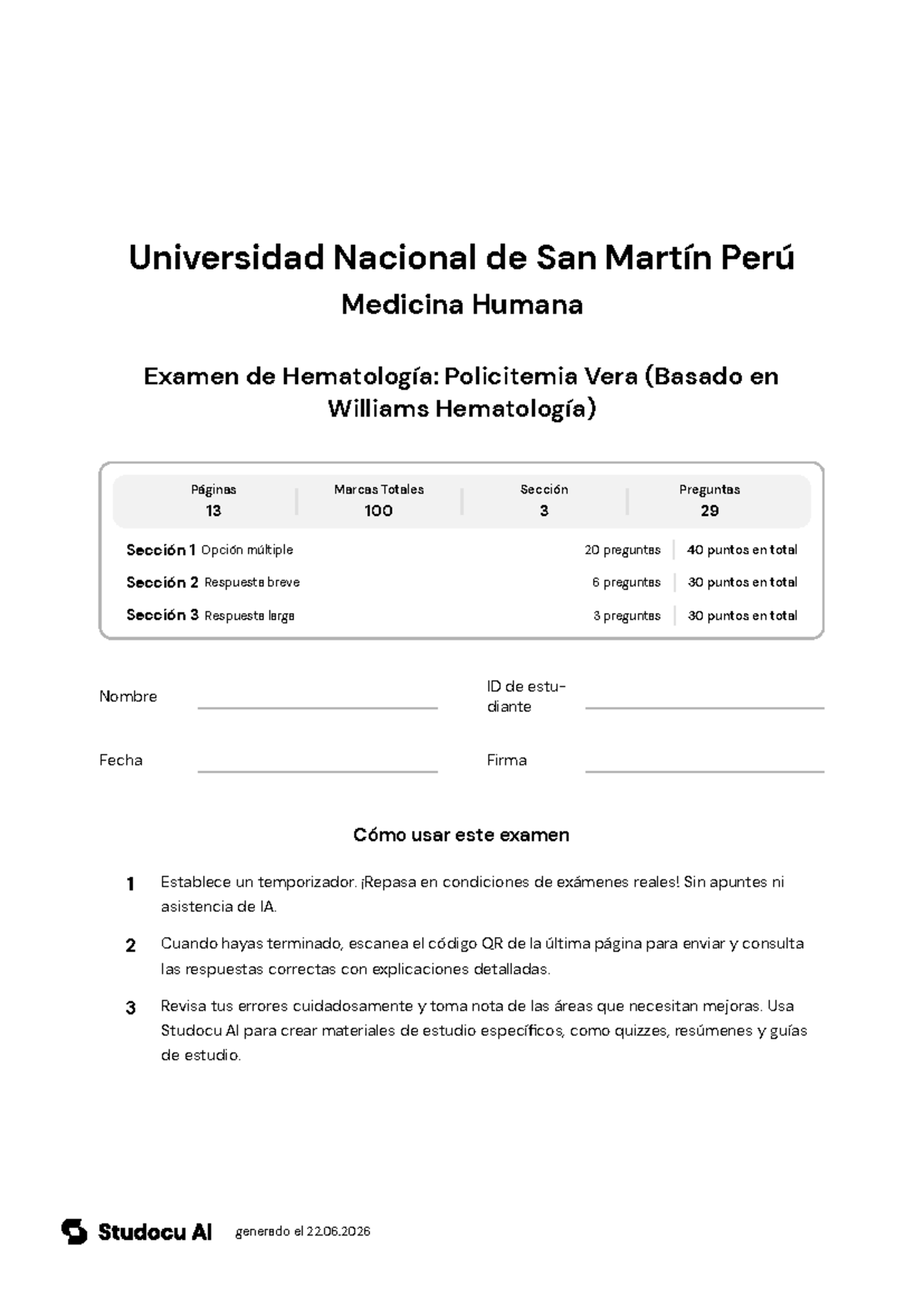 Examen de Hematología: Policitemia Vera - Studocu