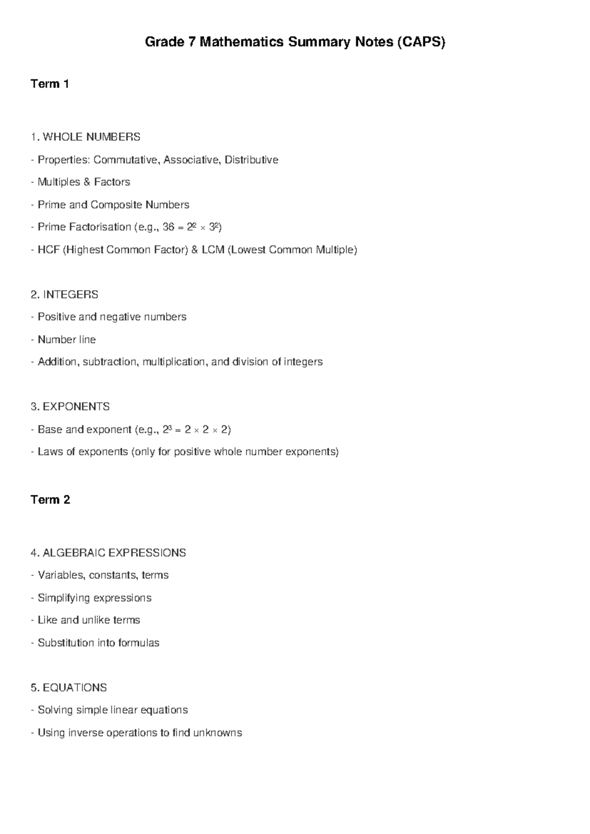 Grade 7 Mathematics Summary Notes (CAPS) - Comprehensive Overview - Studocu