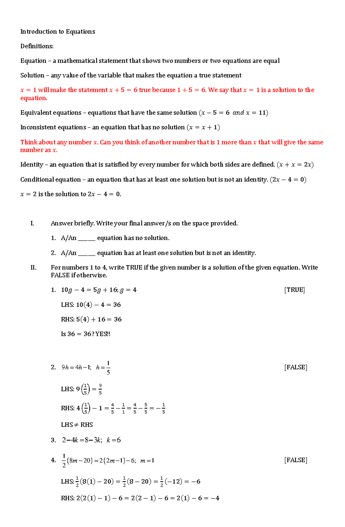 Linear equations - Introduction to Equations Definitions: Equation – a mathematical statement ...