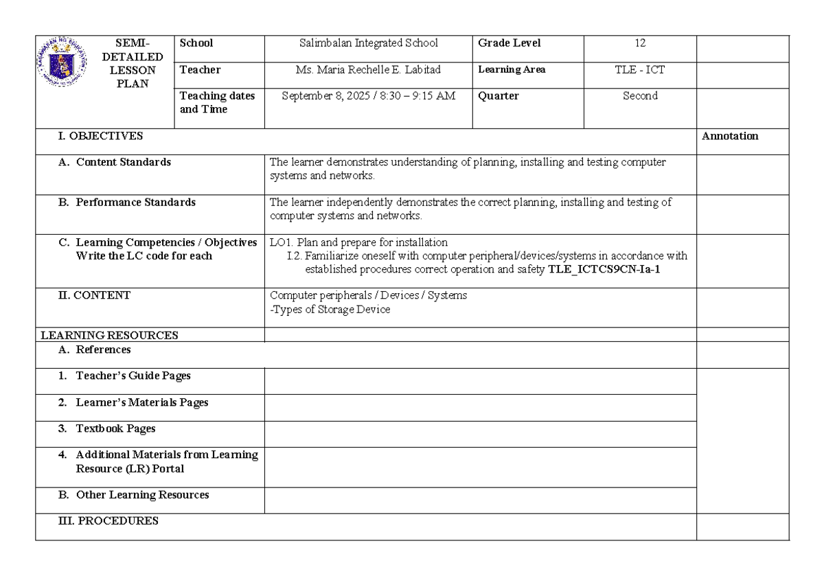 SEMI-DETAILED LESSON PLAN (TLE ICT, Grade 12) - Sept 2025 - Studocu