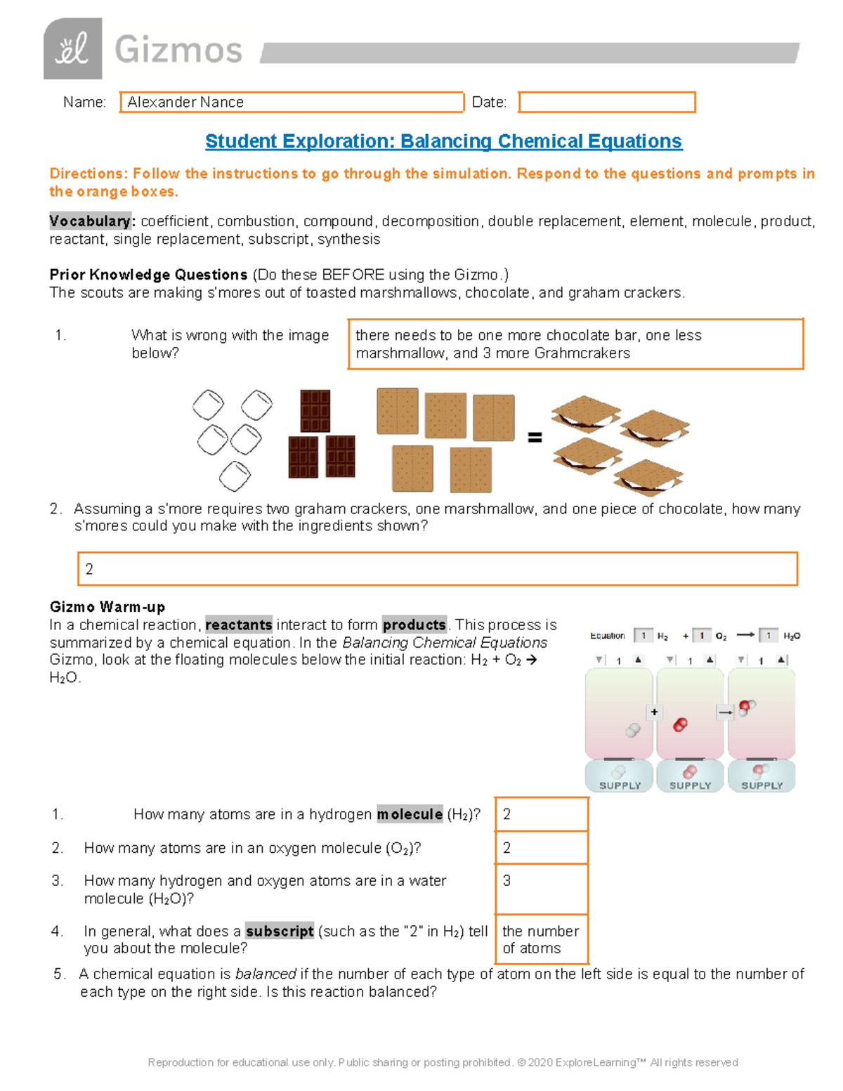 Balancing Chemical Equations - Wilson SE Activity Guide - Studocu