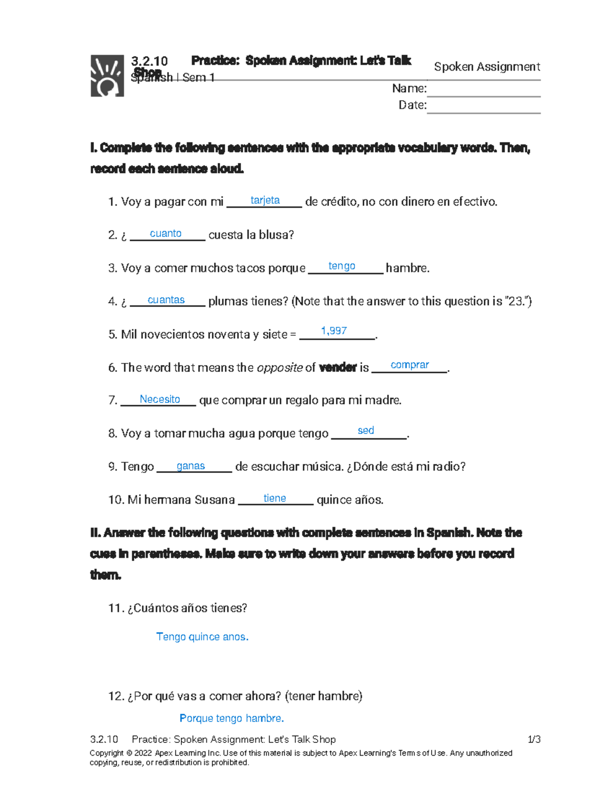 3.2.10 Spoken Assignment: Let's Talk Shop Practice - Spanish I Sem 13 ...