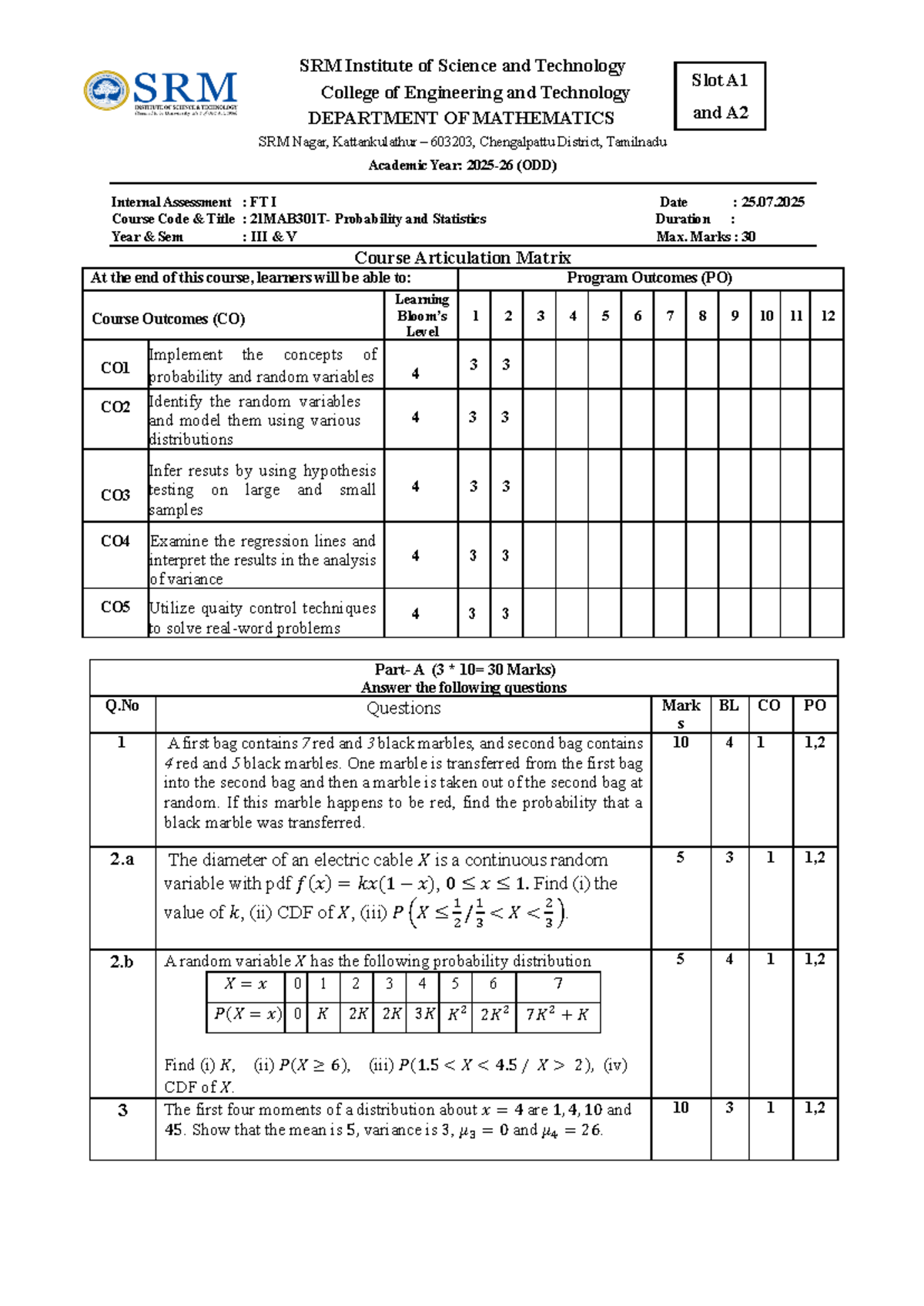 FT I - Probability and Statistics Assignment Question Paper - Studocu