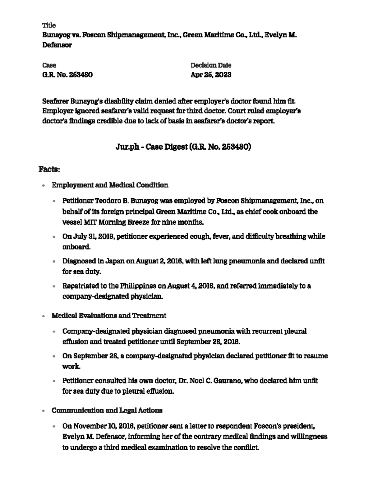 Bunayog vs. Foscon Shipmanagement, Inc. Case Digest (G.R. No. 253480 ...