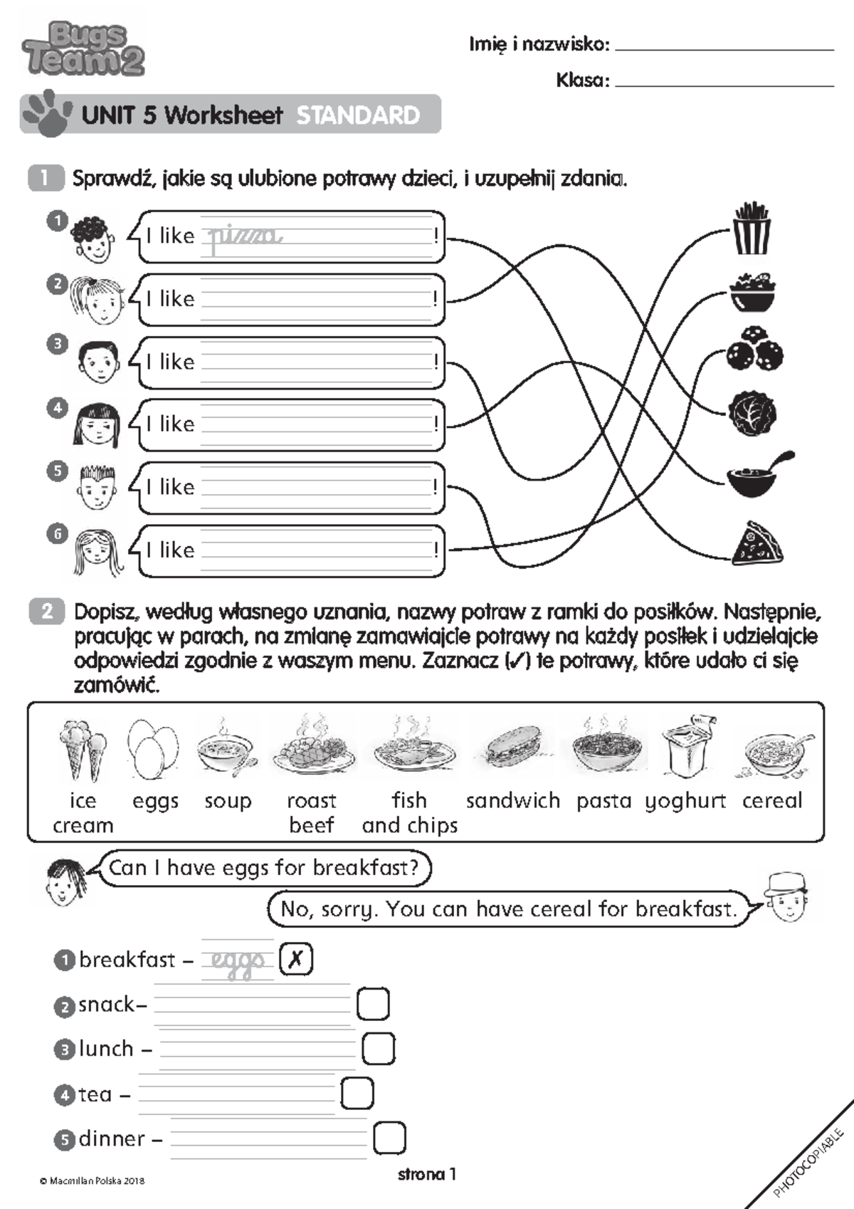 Bugs team 2 unit 5 worksheet: ulubione potrawy dzieci - Studocu