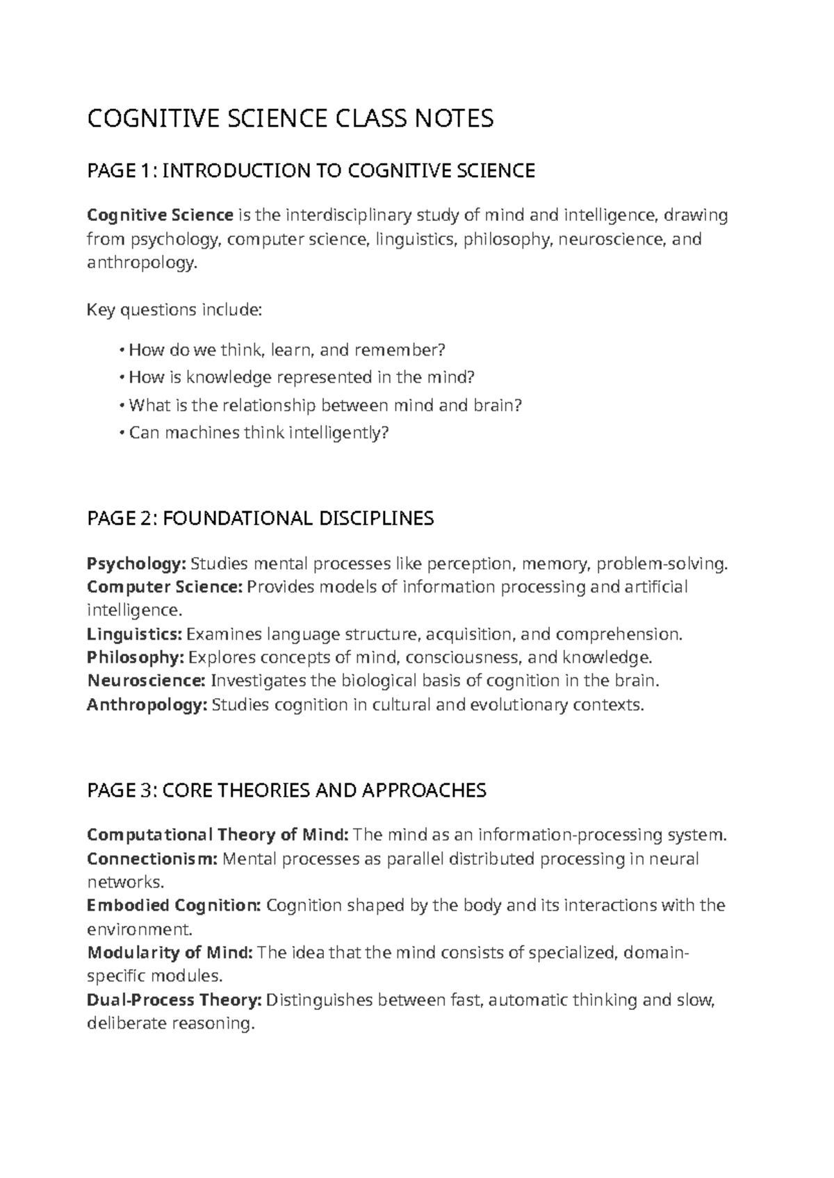 COG 101: Intro to Cognitive Science Class Notes - Studocu