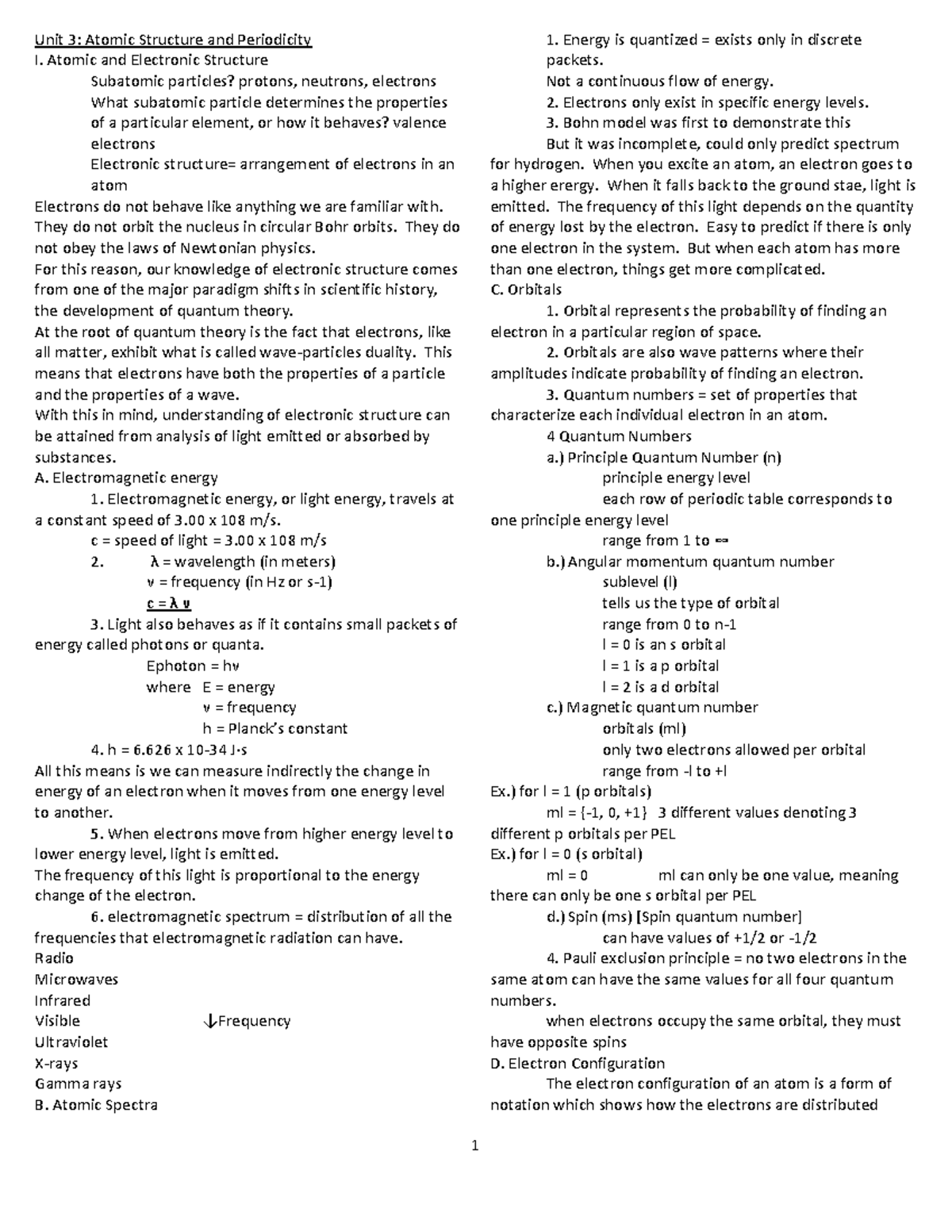 Chemistry 101: Unit 3 - Atomic Structure & Periodic Trends Notes - Studocu